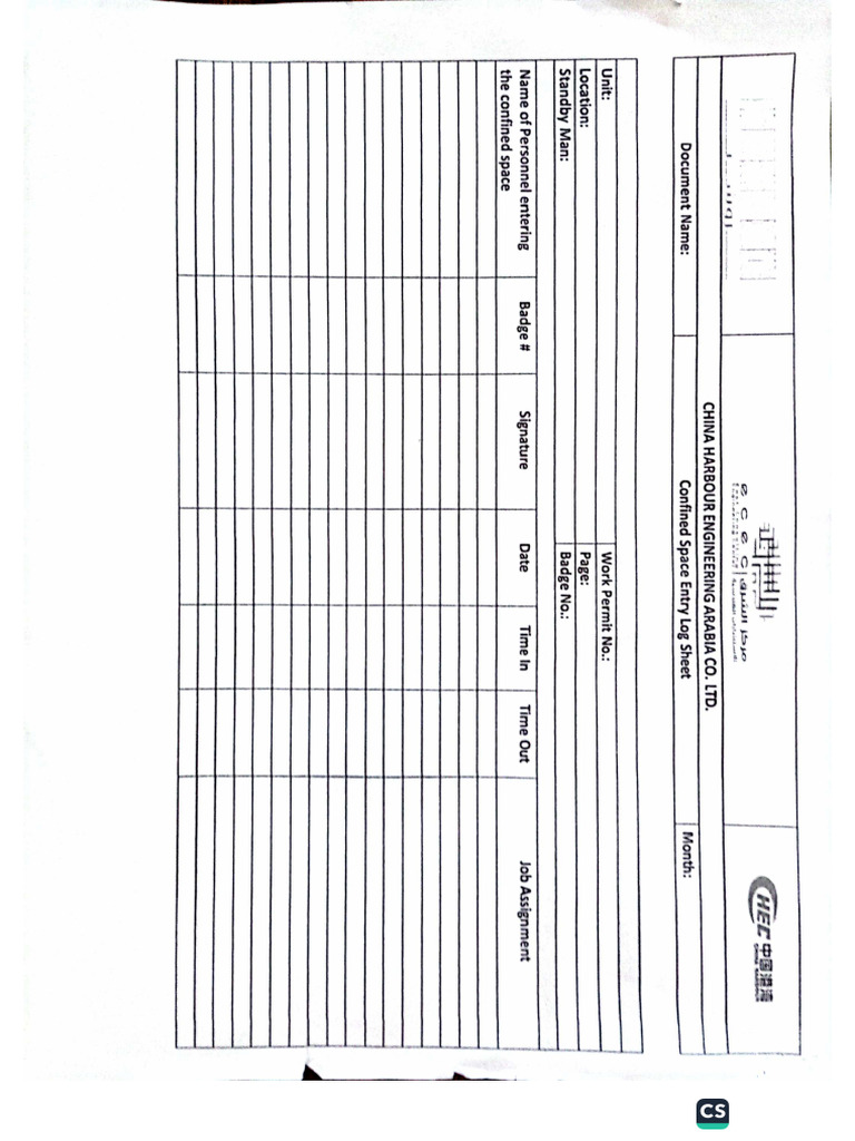 10) Confined Space entry log sheet | PDF