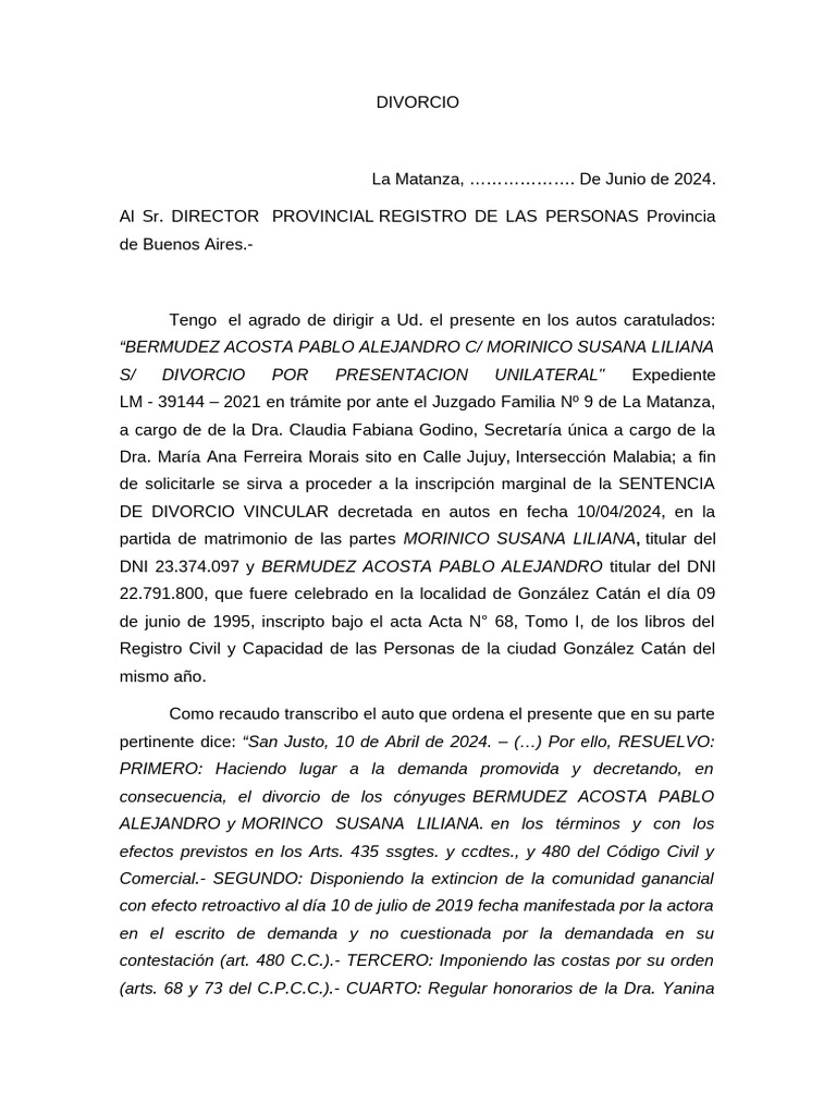 Oficio para Inscribir Divorcio | PDF | Divorcio | Justicia