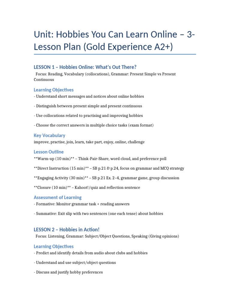 Online Hobbies Lesson Plan A2+ | PDF | Multiple Choice | Vocabulary