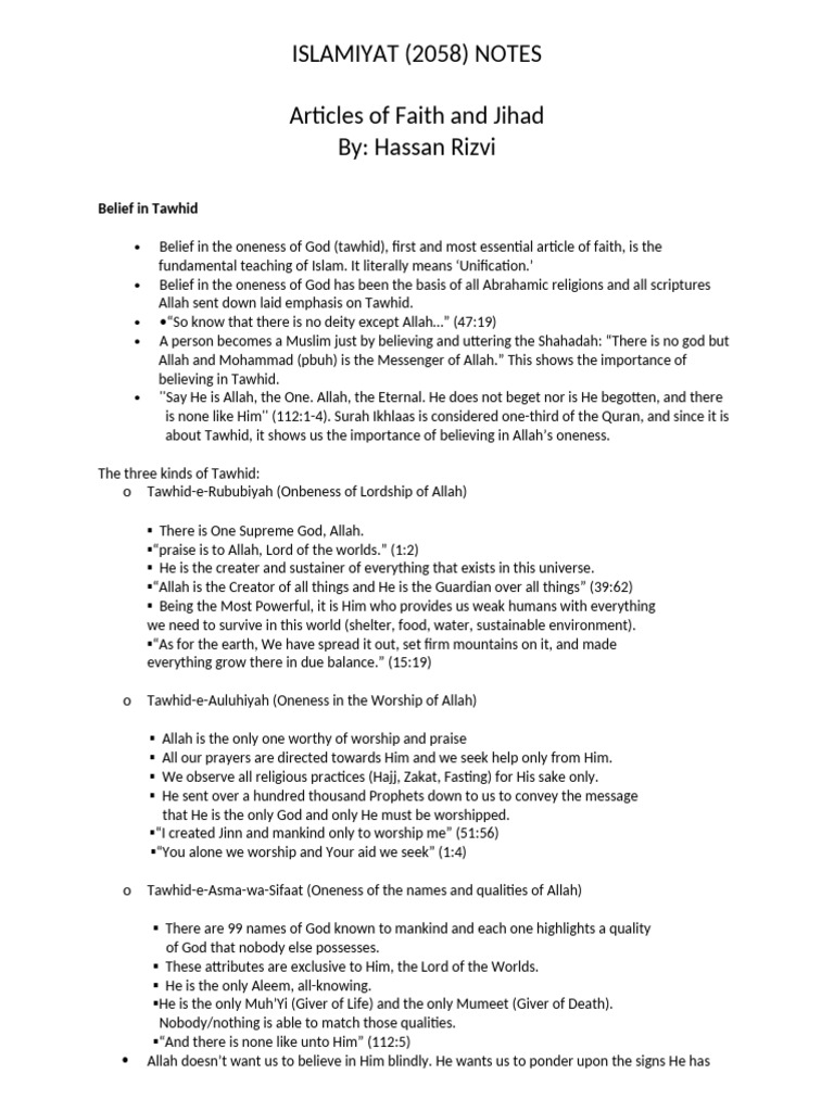 Islamiyat Notes: Articles of Faith | PDF | Prophets And Messengers In ...