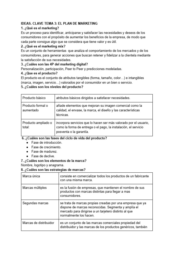 Ideas Clave Tema 3 El Plan de Marketing | PDF | Producto (Negocio) | Marketing