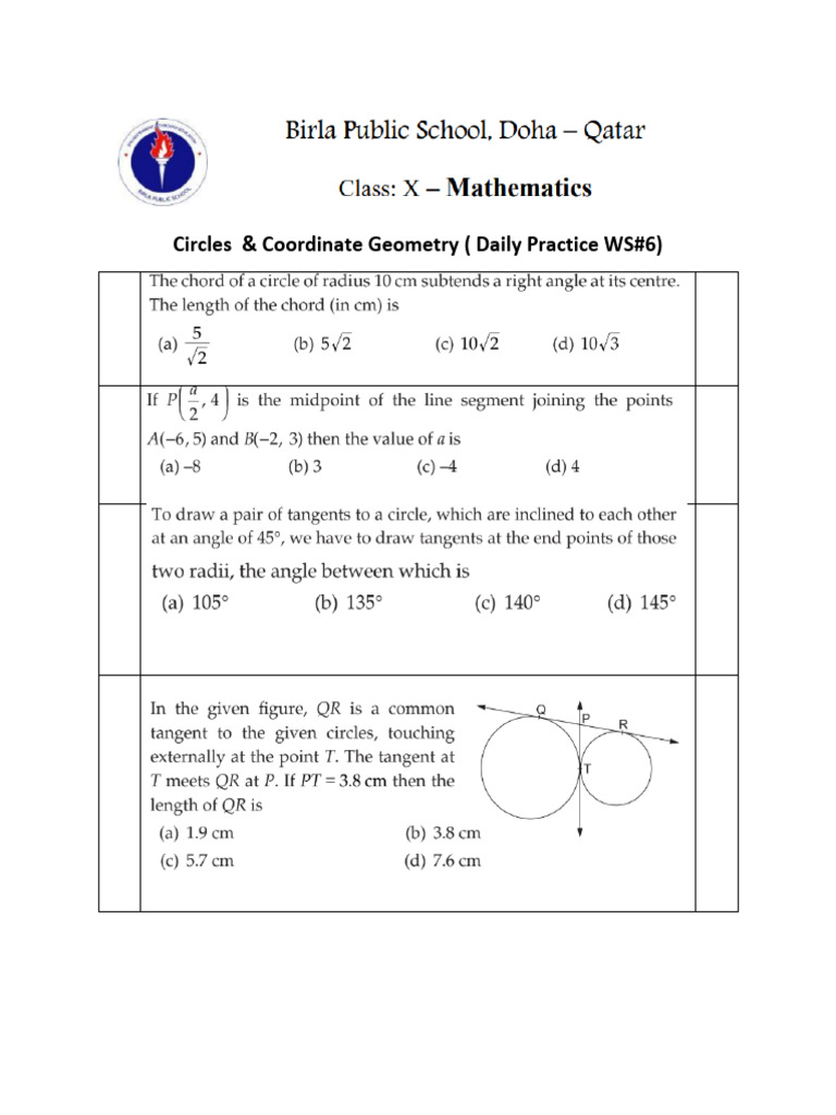 WS-1 (Circles & Coordinate Geometry) | PDF
