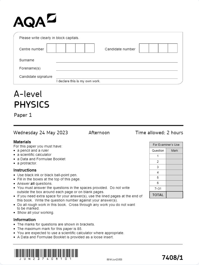 Physics A Level 2023 Paper1 QP | PDF