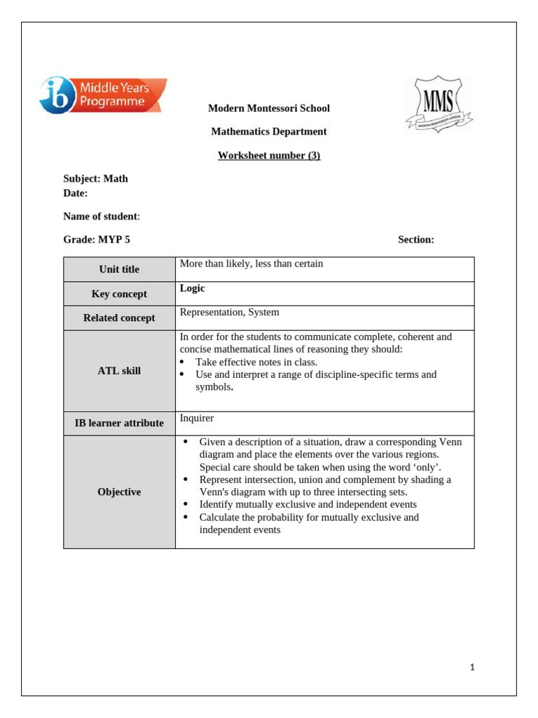 MYP 5 Probability and Set Theory Worksheet | PDF | Mathematics