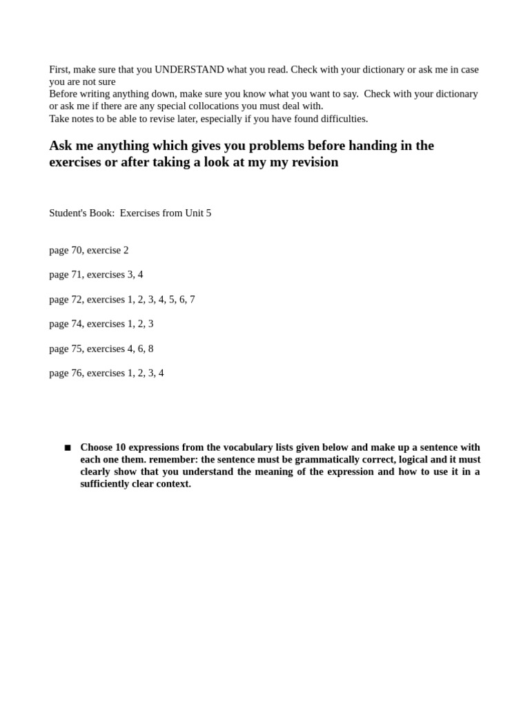 Unit 5 - Exercises From The Students Book - With ANSWER KEY | PDF