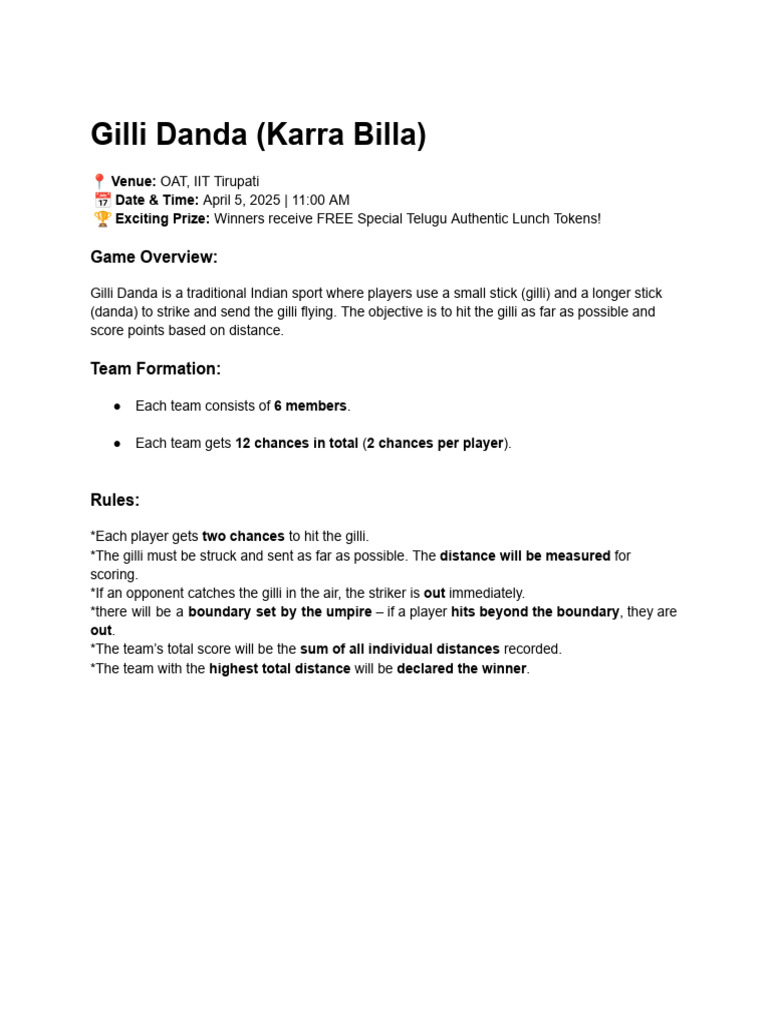 Gilli Danda Game Rules Explained | PDF | Team Sports | Sports