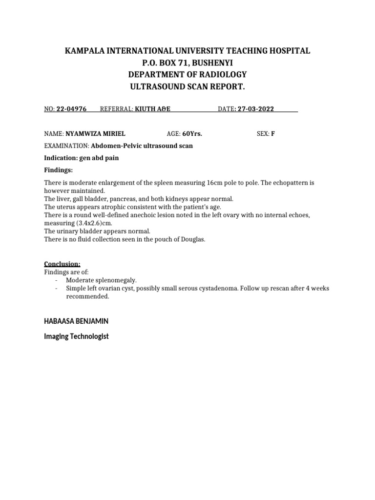 Nyamwiza Splenomegaly, lt ov cyst | PDF