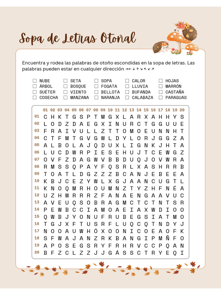 Sopa de Letras Otoñal para Imprimir | PDF | Otoño