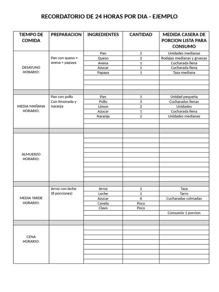 Recordatorio de 24 Horas Por Dia - Ejemplo | PDF