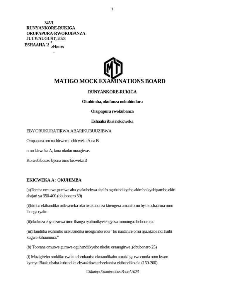 Matigo Mocks Runyankole Uce Pp1 2023 QP | PDF | Behavioural Sciences | Youth