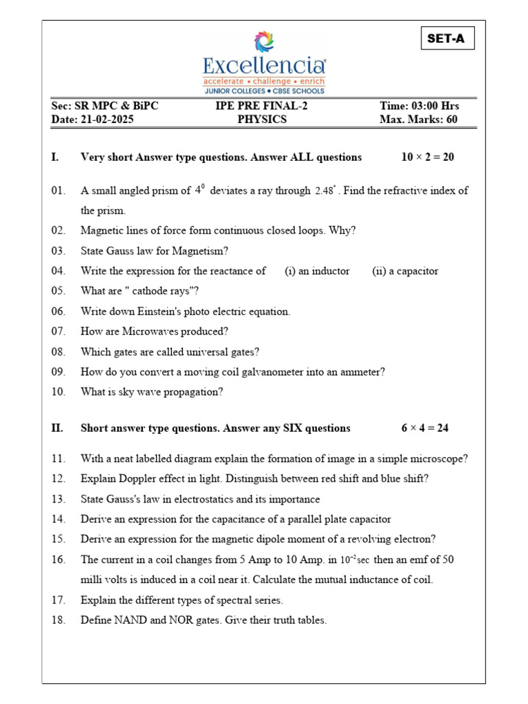 SR Physics - Ipe - Pre Final-2 - 21-02-2025 | PDF | Inductor | Waves