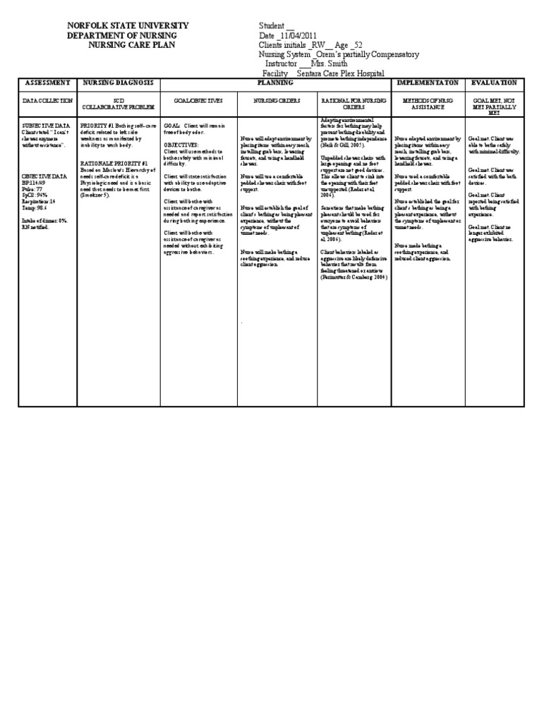 Nursing Care Plan for Bathing Assistance | PDF | Aggression | Nursing