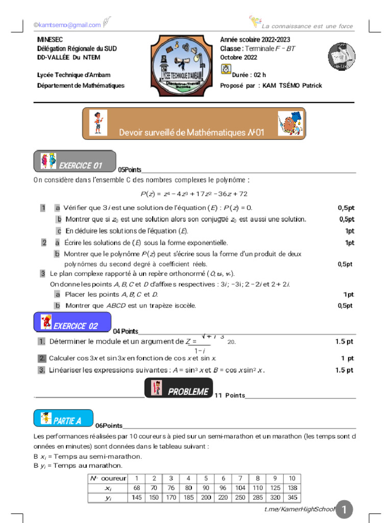 LyceeTAmbam Maths TleFBT DS1 2022686 Phoenix | PDF