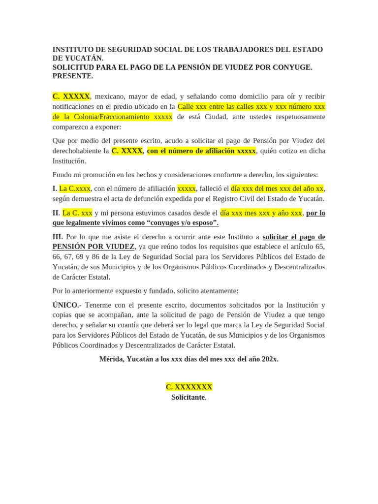 Solicitud de Pensión Por Viudez ISSTEY | PDF