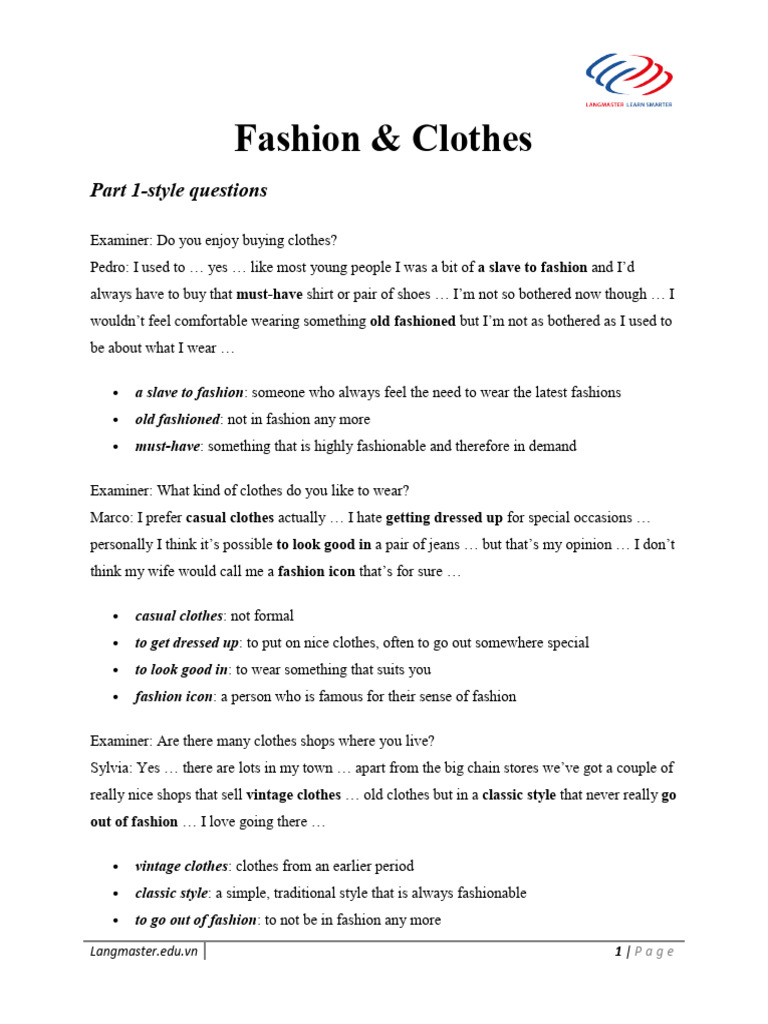 Fashion and Clothes Vocab | PDF | Fashion | Clothing