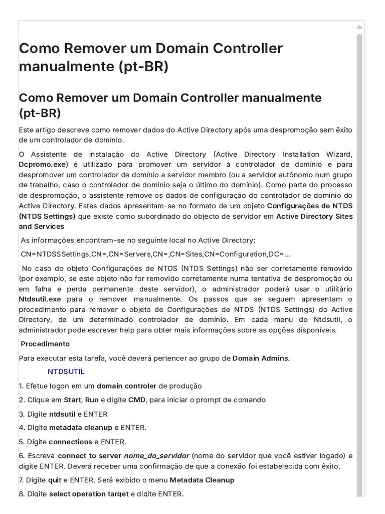 Como Remover Um Domain Controller Manualmente | PDF | Diretório ativo | Informática