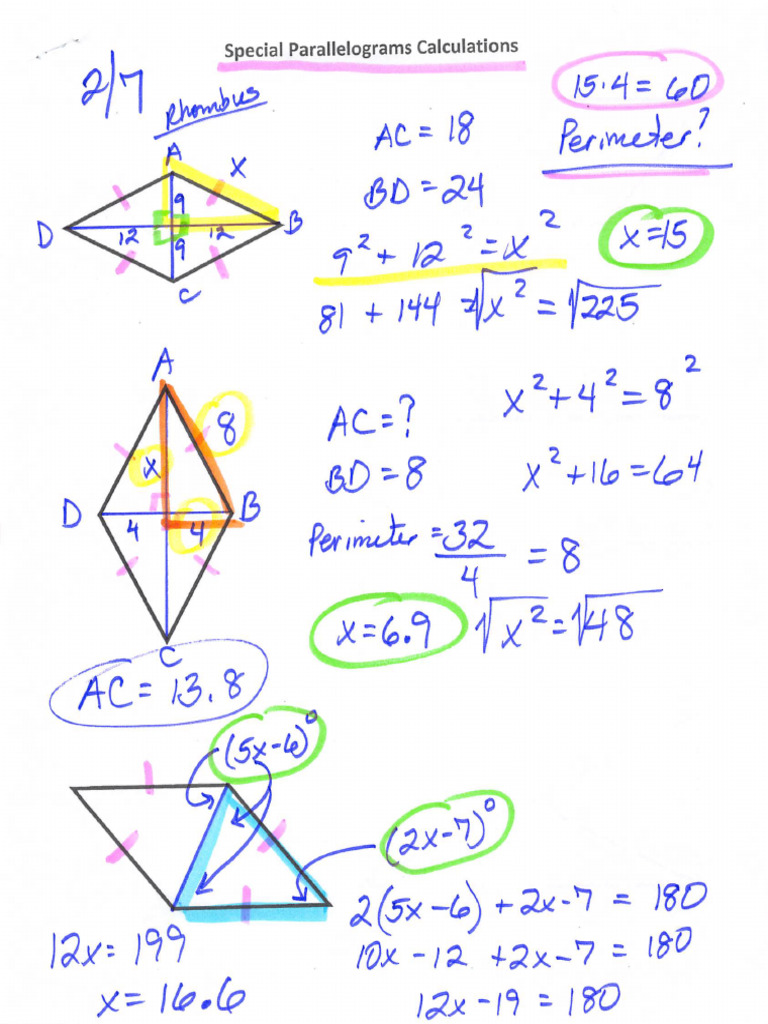 Special Parallelogram Calculations (2-7) | PDF
