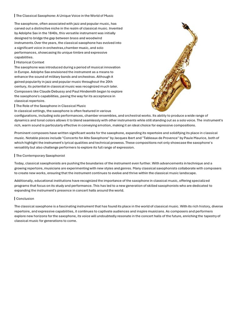 The Classical Saxophone A Unique Voice in The World of Musi 2 | PDF ...