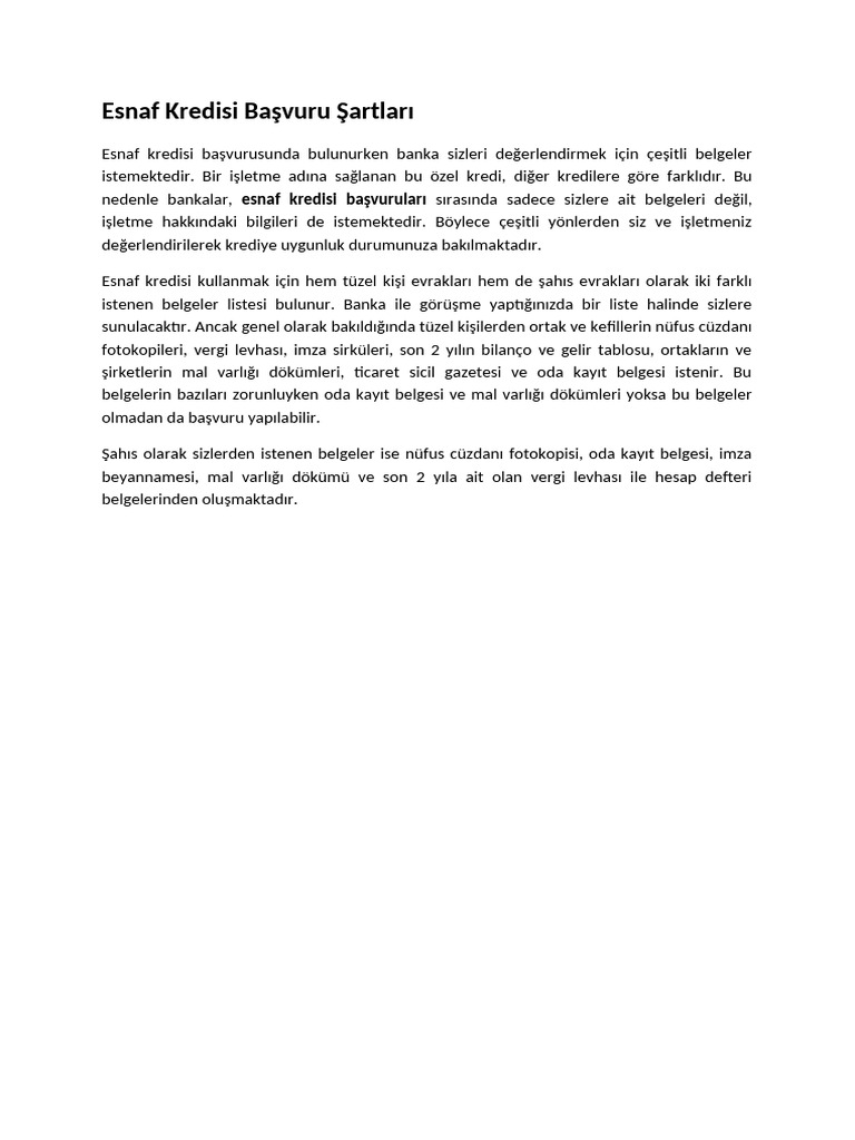Esnaf Kredisi Başvuru Şartları | PDF