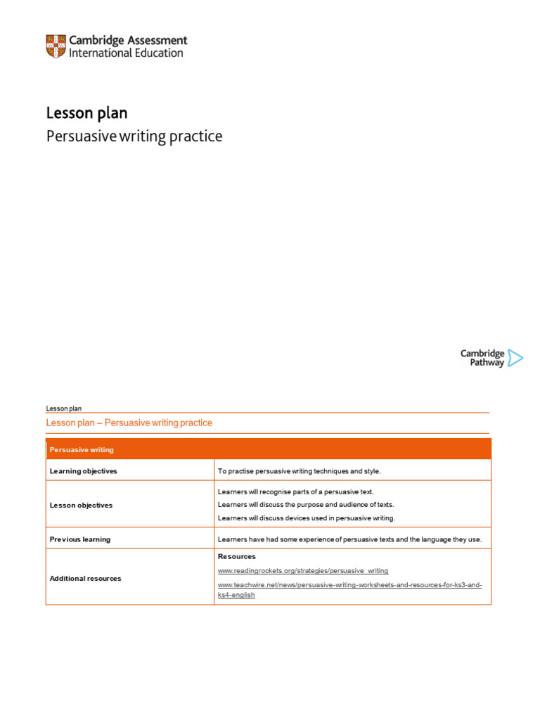 Persuasive Writing Lesson Plan | PDF | Lesson Plan | Human Communication