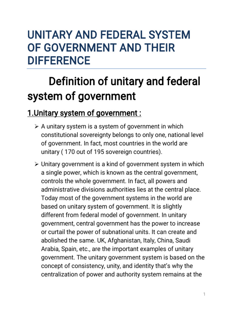 Unitary vs Federal Government Systems | PDF
