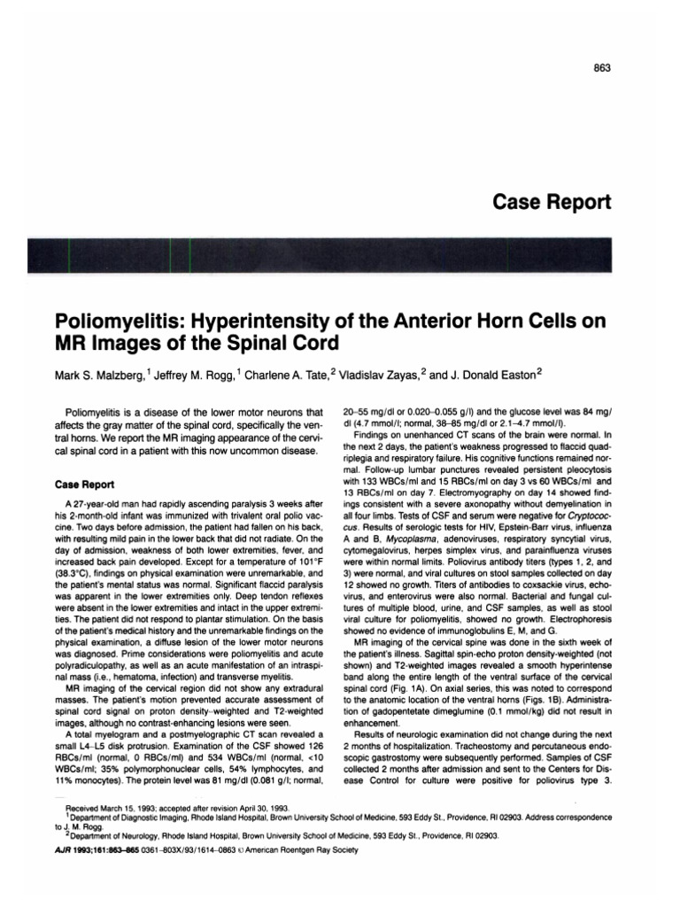 Poliomyelitis. Hyperintensity of The Anterior Horn Cells On MR Images of The Spinal Cord. | PDF ...
