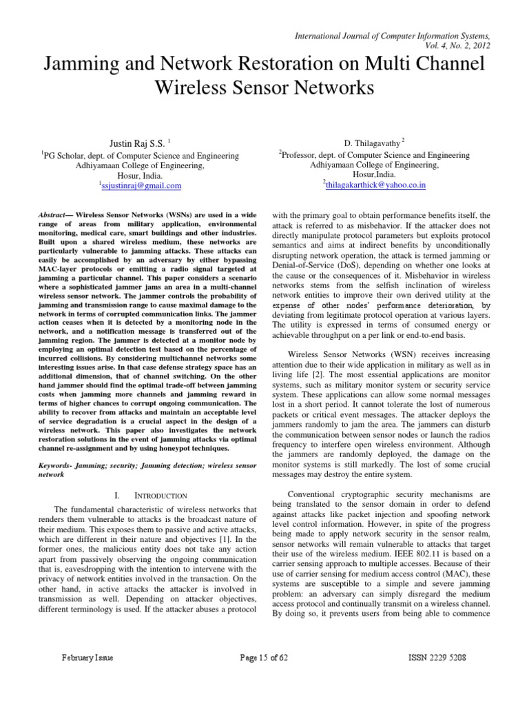 Jamming and Network Restoration On Multi Channel Wireless Sensor Networks | PDF | Network Packet ...