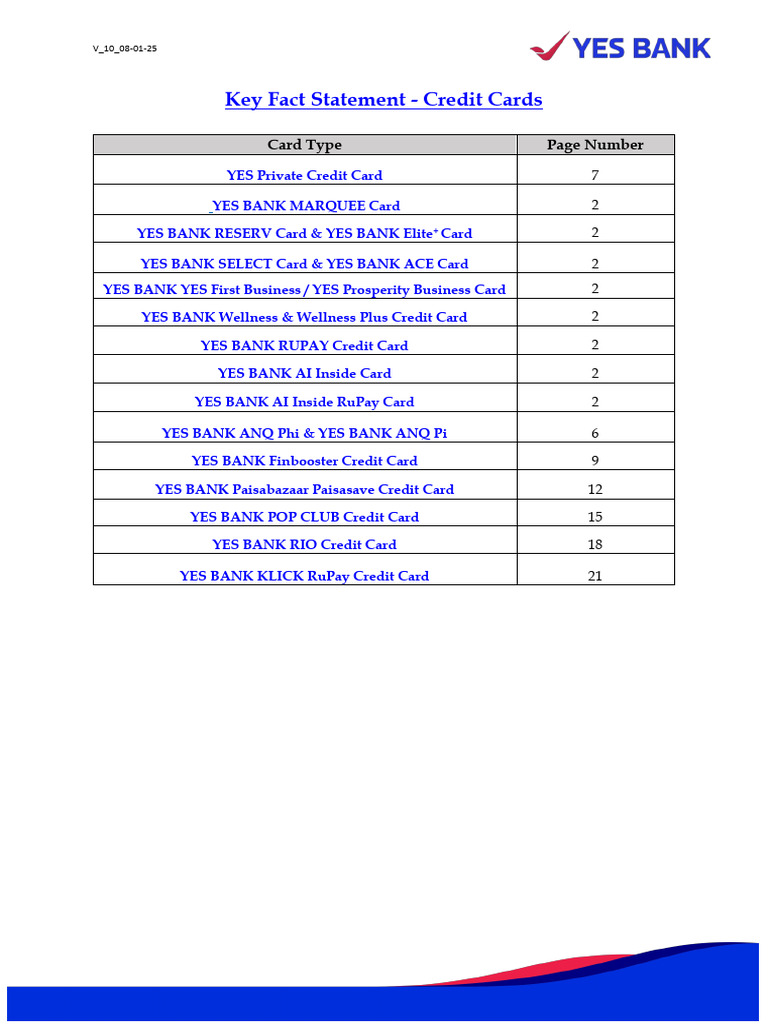 Yesbank Key Fact Statement | PDF | Credit Card | Debit Card