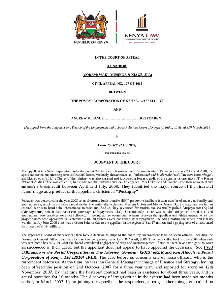 Postal Corporation of Kenya v Andrew K Tanui 2019KECA489(KLR) | PDF ...