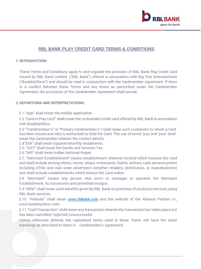 RBL Play Credit Card Terms & Benefits | PDF | Credit Card | Banks