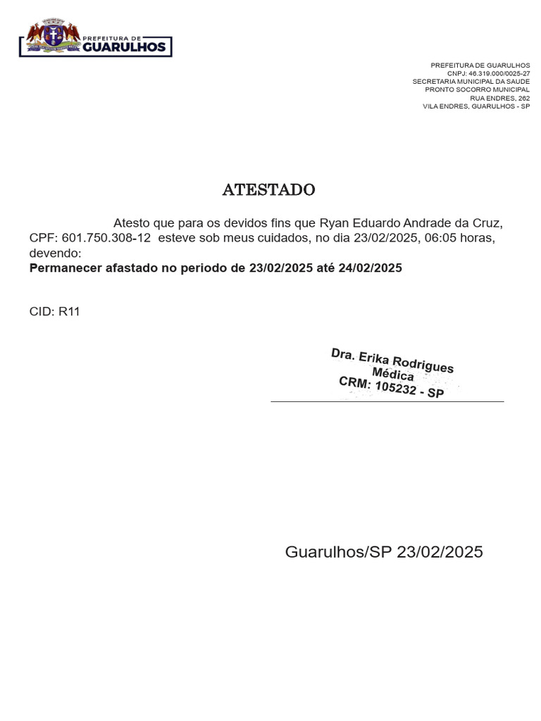 Atestado Médico - Ryan Eduardo Andrade | PDF