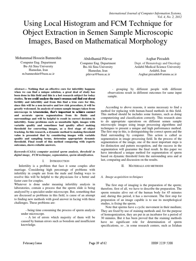 Using Local Histogram and FCM Technique For Object Extraction in Semen Sample Microscopic Images ...