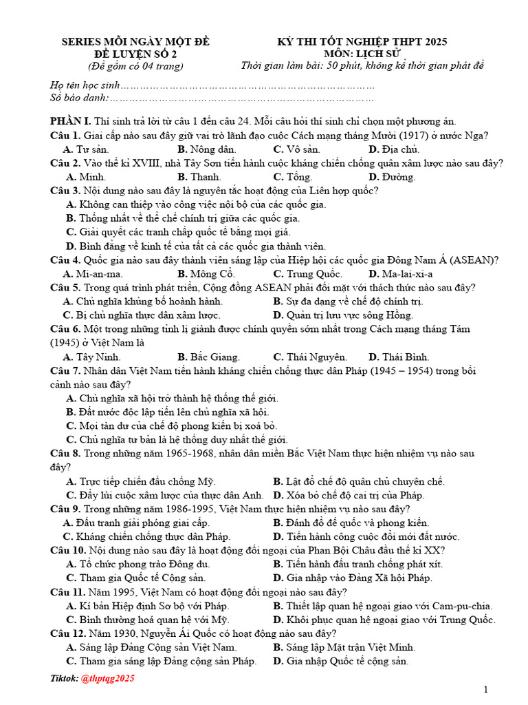 2025 - DE02 - SERIES MỖI NGÀY MỘT ĐỀ - LỊCH SỬ - TikTok@thptqg2025 | PDF