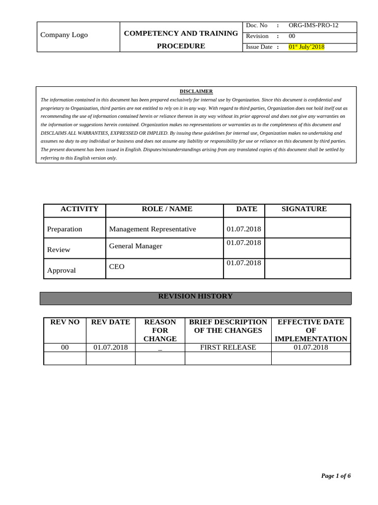 ORG-IMS-PRO-12 Competency and Training Procedure | PDF | Human Resources | Business
