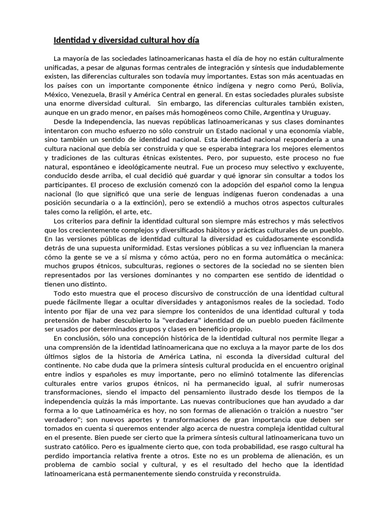 Identidad y Diversidad Cultural Hoy Día | PDF | America latina | Etnicidad