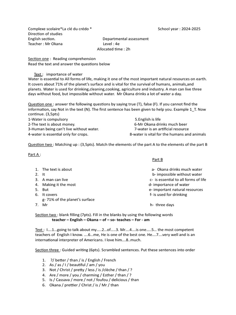 Importance of Water: Reading Comprehension | PDF | Water