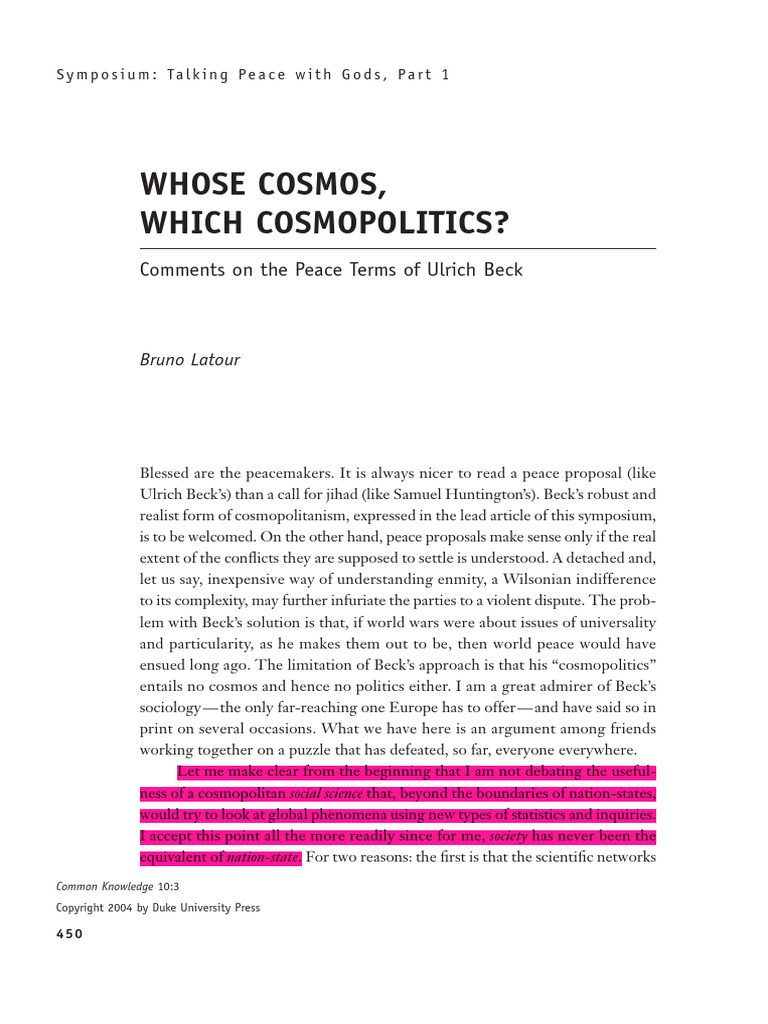 (LATOUR, B.) Whose Cosmos, Which Cosmopolitics - Comments On The Peace ...