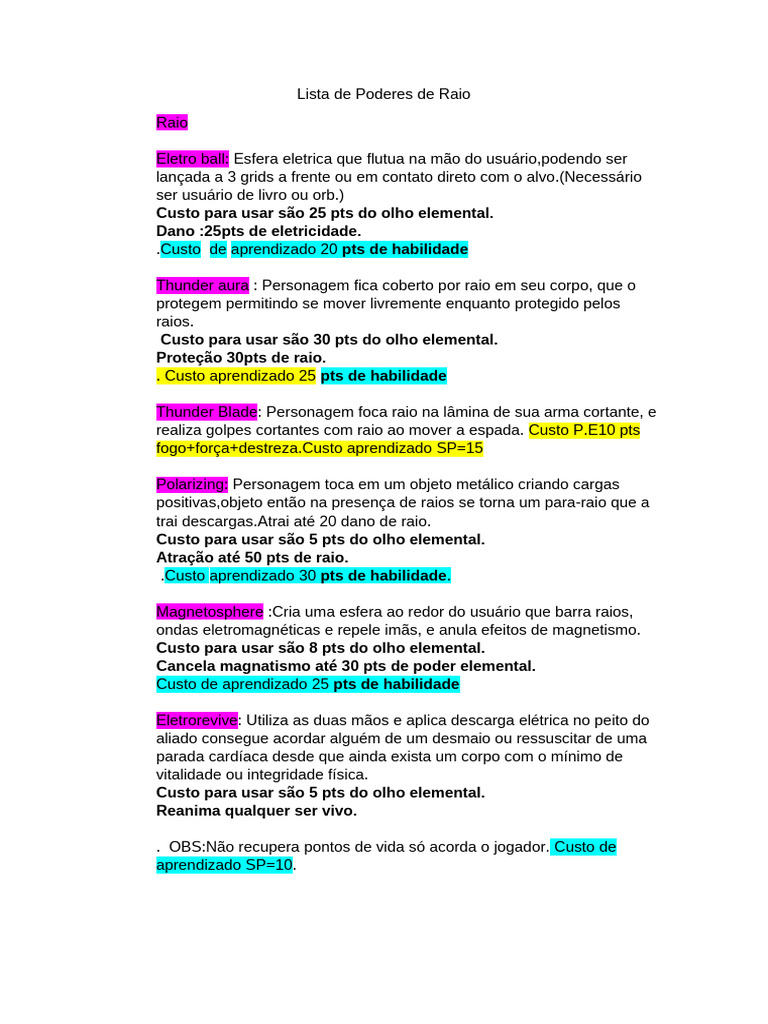 Lista de Poderes de Raio | PDF