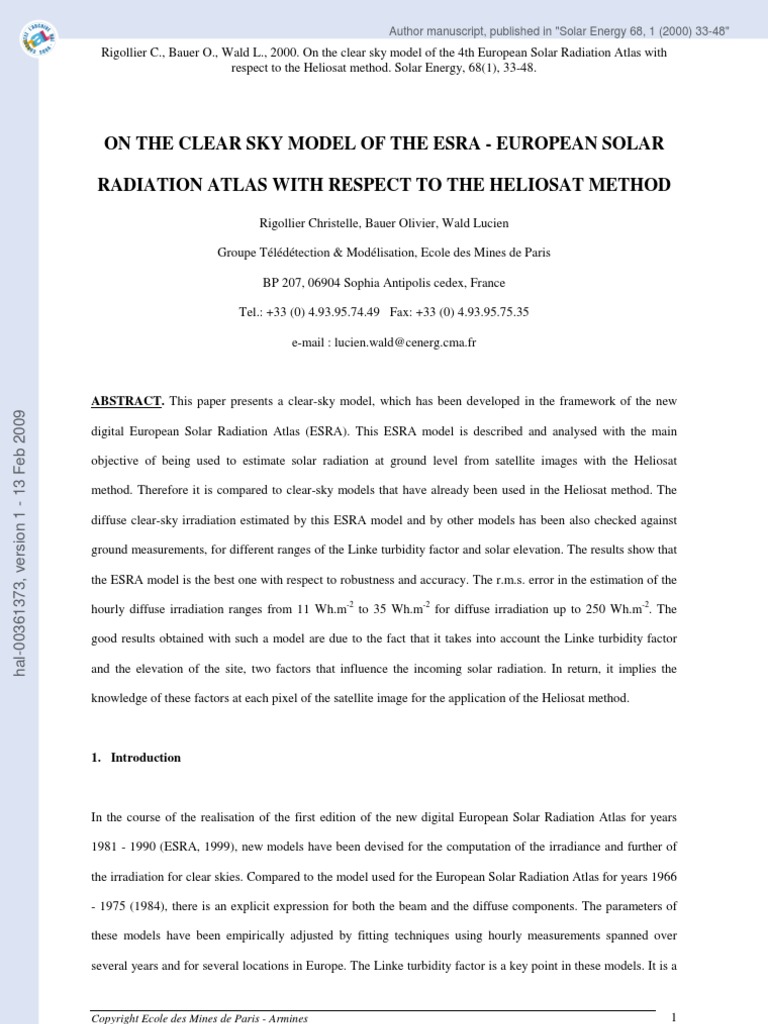 On The Clear Sky Model of The Esra - European Solar Radiation Atlas ...