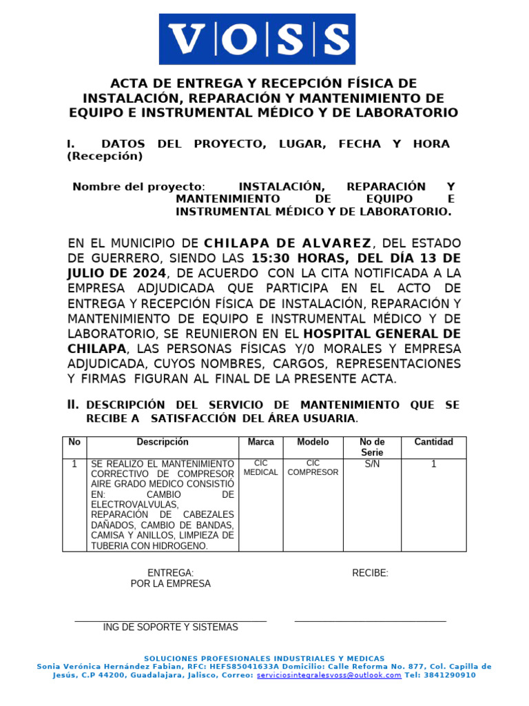Acta de Entrega - S41 Compresor - HG Chilapa MODI | PDF