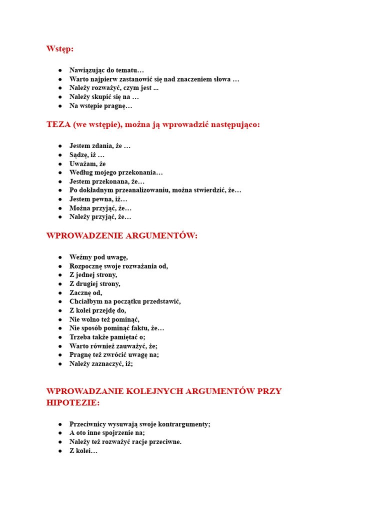 Zwroty Do Rozprawki (8KL) | PDF