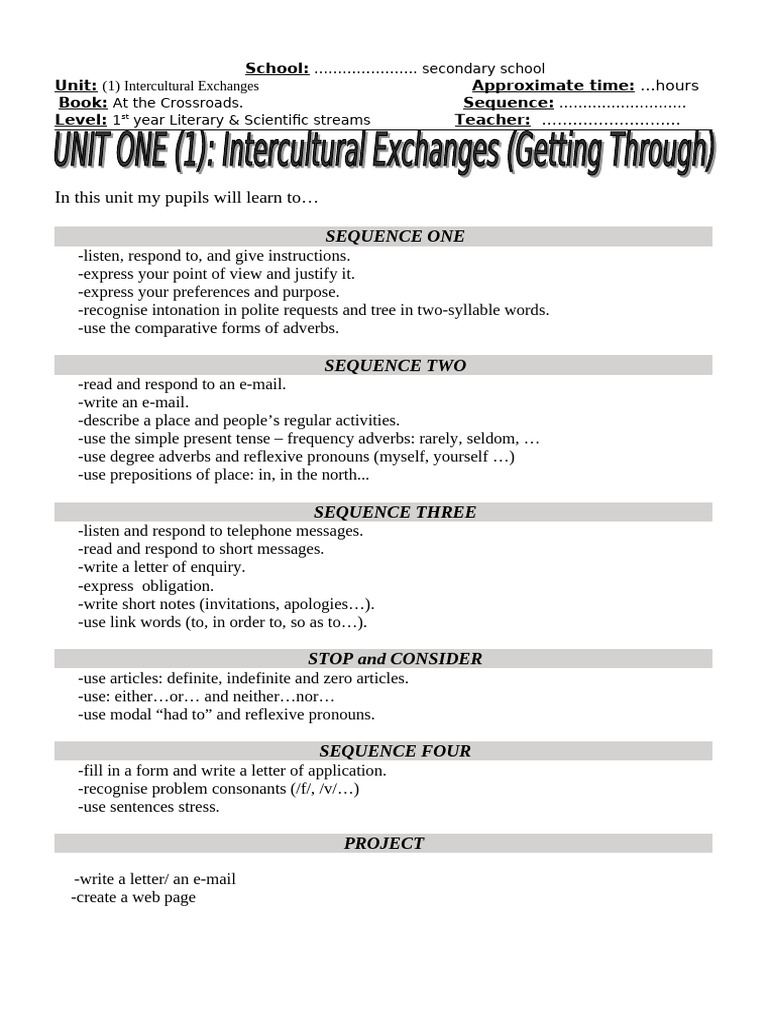 Intercultural Exchanges Unit Overview | PDF | Stress (Linguistics) | Adverb