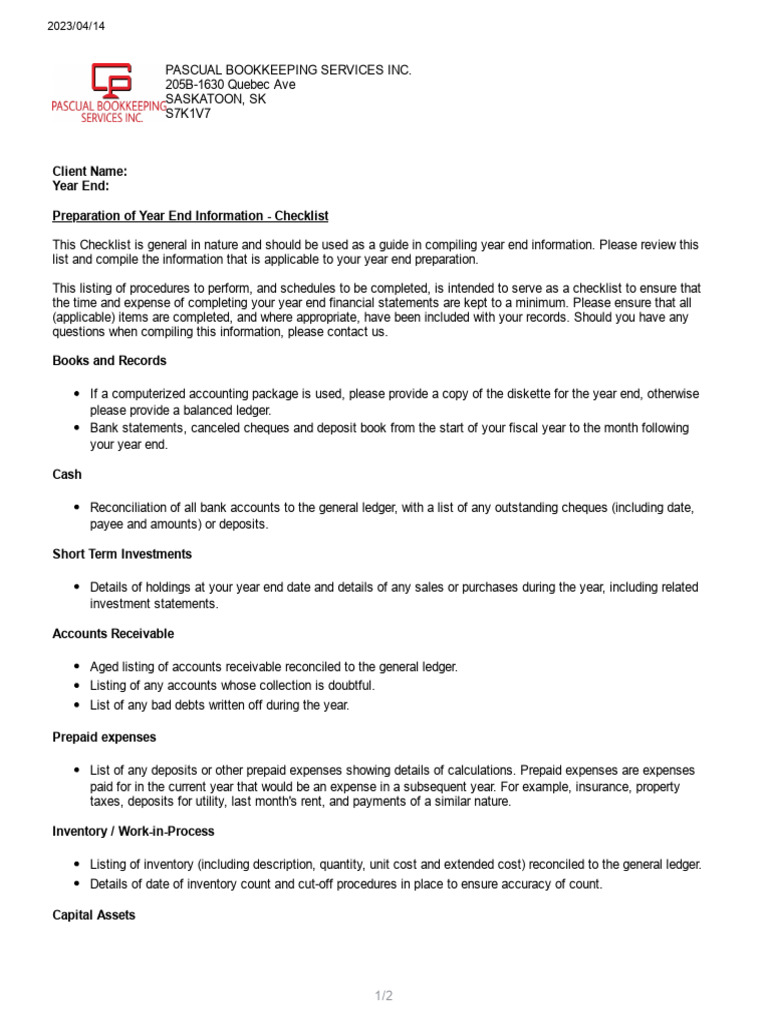 Business Financial Statements Year End Checklist | PDF | Accounts ...
