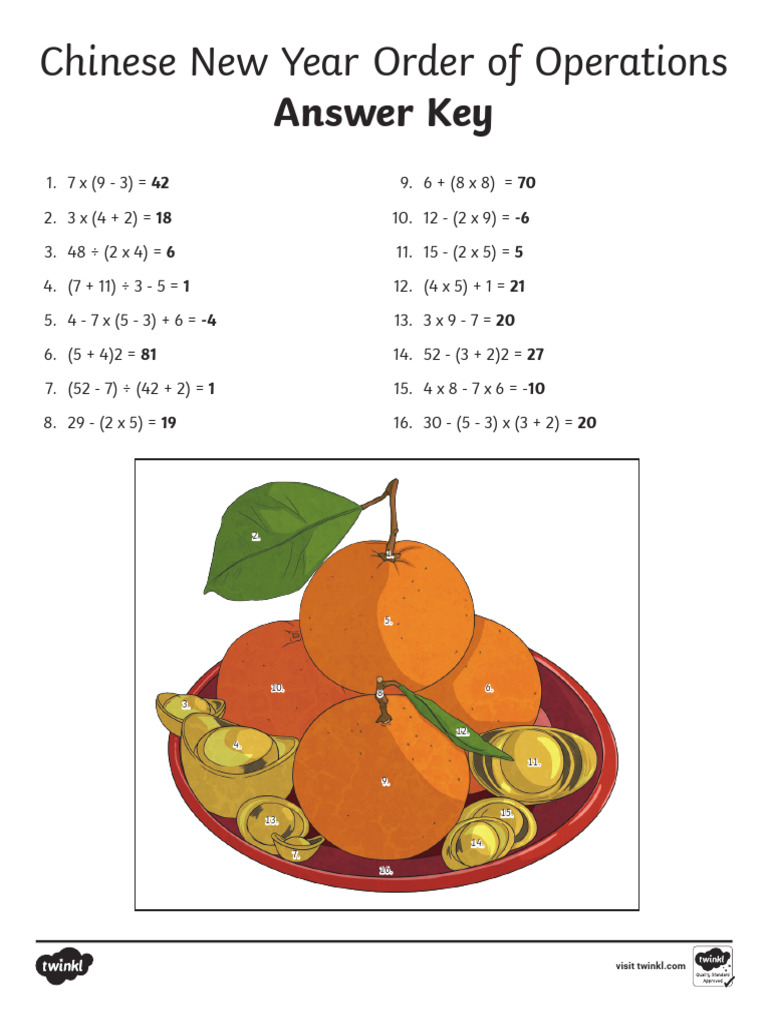 Answer Key Fifth Grade Chinese New Year Order of Operations Coloring ...