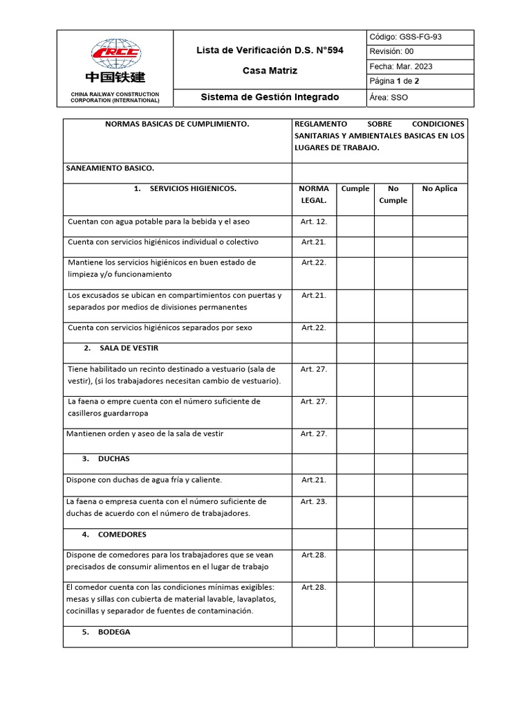 GSS-FG-93 Lista Verificación D.S. N°594 - Casa Matriz | PDF | Higiene