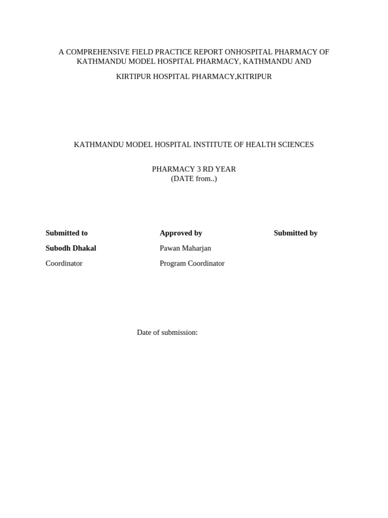 Final Report Format of Hospital Pharmacy | PDF | Pharmacy | Medical Treatments