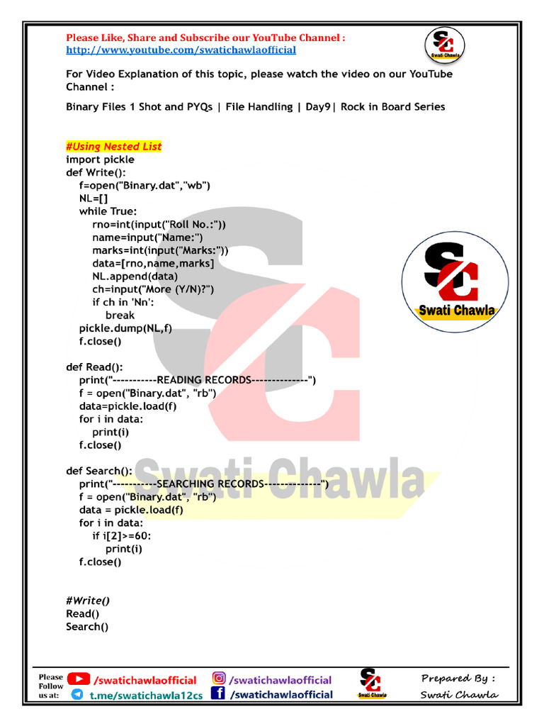 Day 9 Binary Files PYQs by Swati Chawla | PDF
