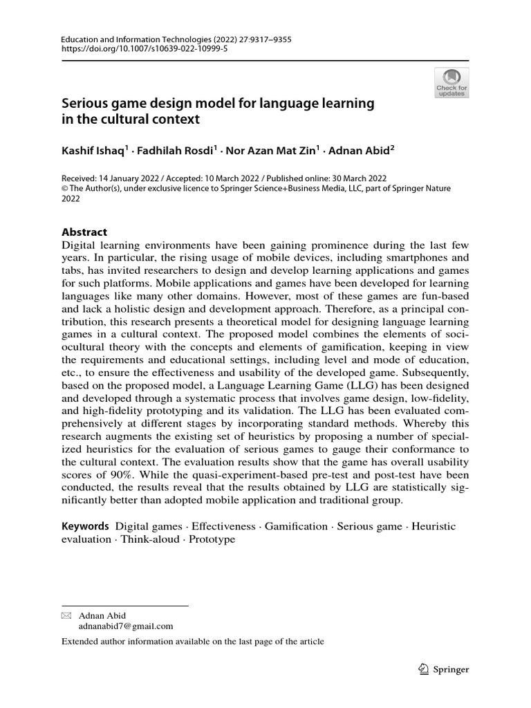 Serious Game Design Model For Language Learning in The Cultural Context ...