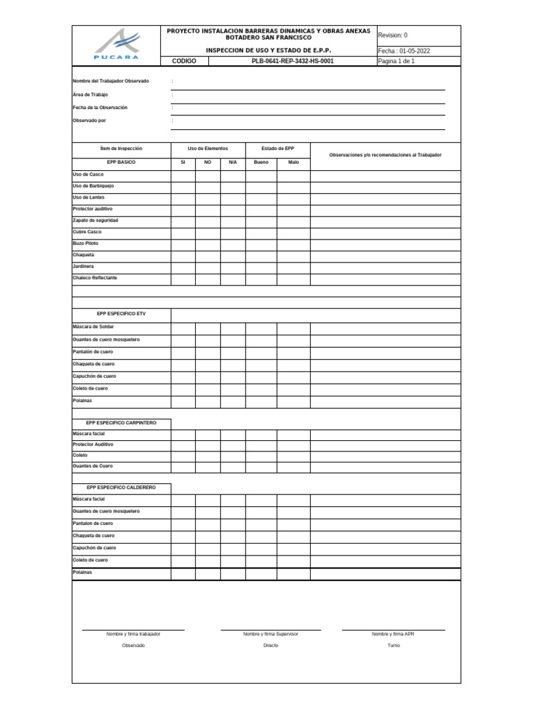 PLB-0641-REP-3432-HS-0001 Inspeccion y Uso de Epp - 0 | PDF