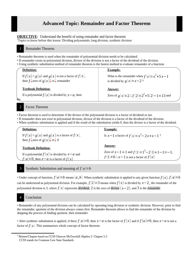 SAT MATH - Remainder and Factor Theorem | PDF | Division (Mathematics) | Polynomial